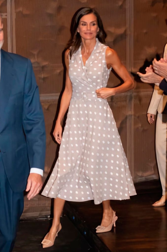 Queen Letizia in polka dot print dress by Laura Bernal