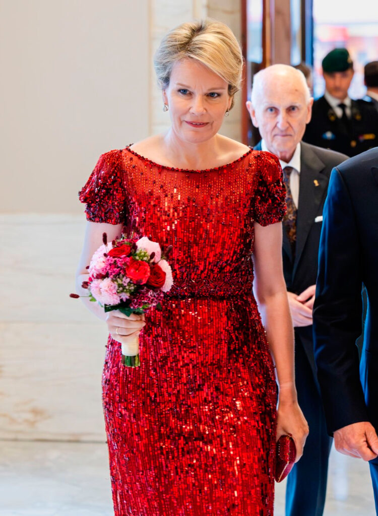 Queen Mathilde in Red Sequin Gown by Jenny Packham