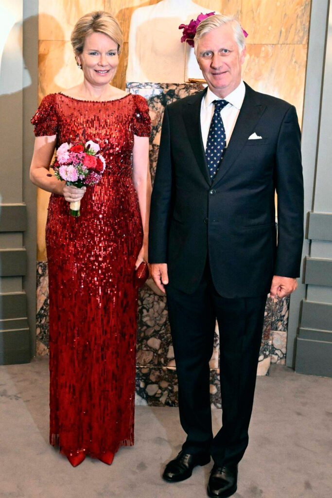 Queen Mathilde in Red Sequin Gown by Jenny Packham