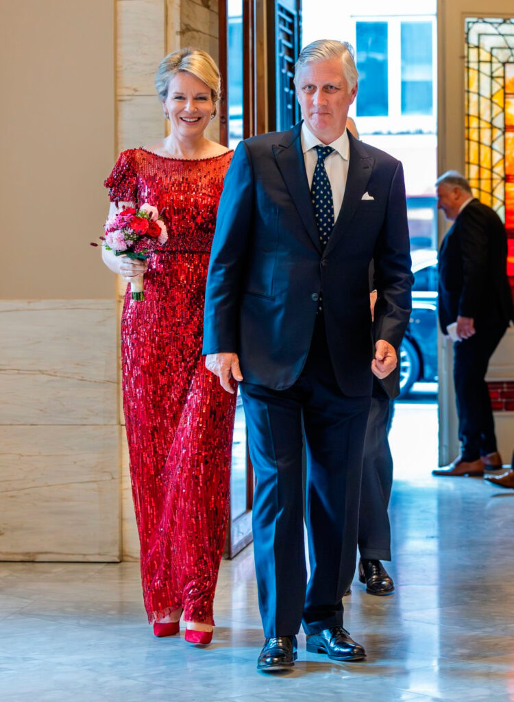 Queen Mathilde in Red Sequin Gown by Jenny Packham