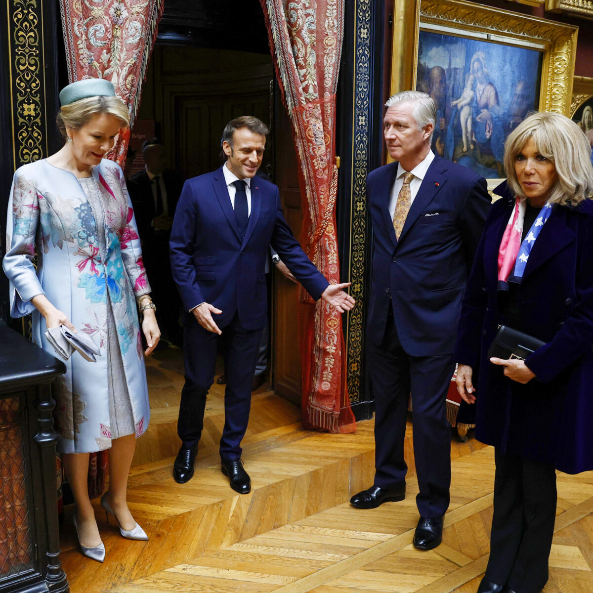 Queen Mathilde in Floral Armani Privé Coat in France