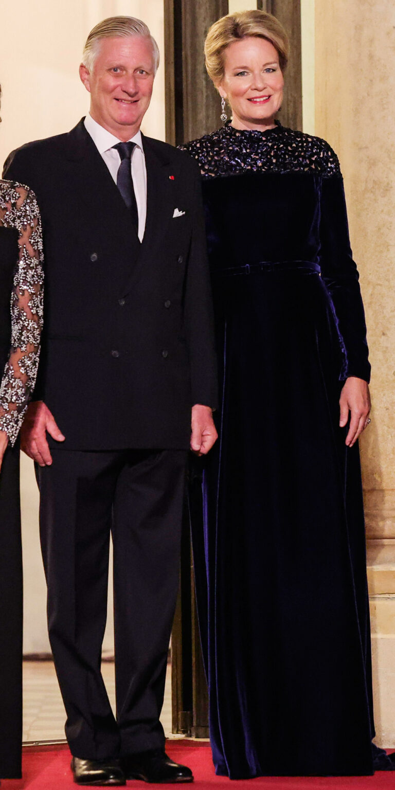 Queen Mathilde in Navy Velvet Dress at Elysee Palace