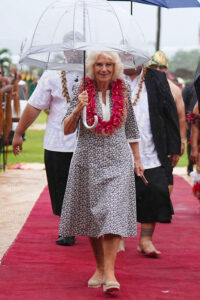 Queen Camilla in Fiona Clare dress at Farewell to Samoa