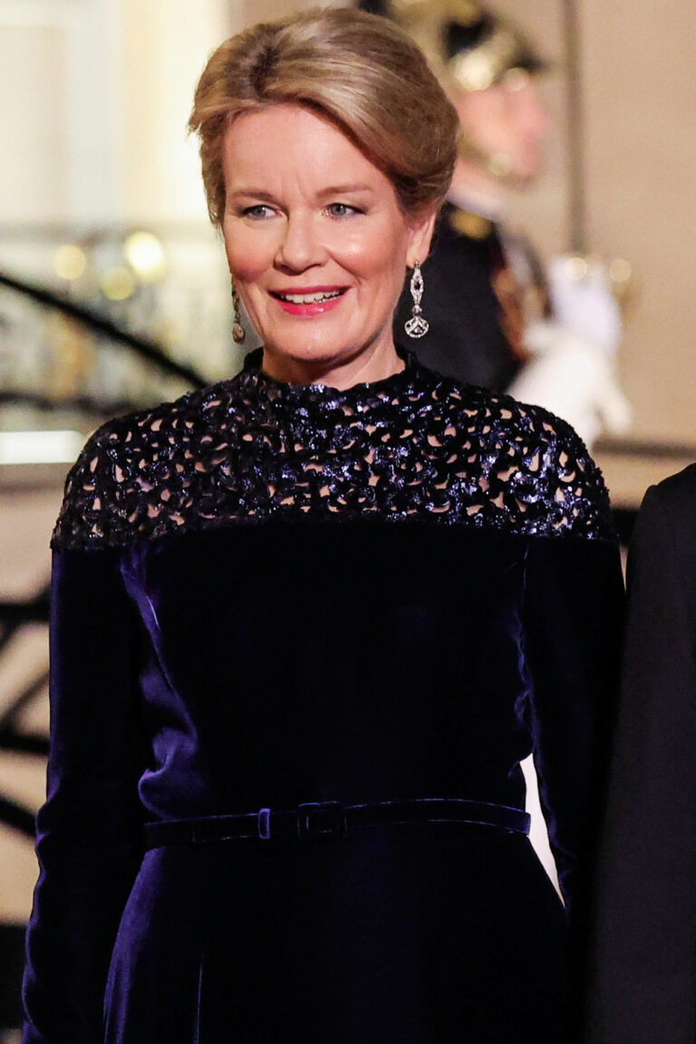 Queen Mathilde in Navy Velvet Dress at Elysee Palace