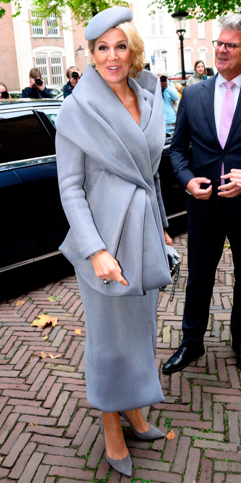 Queen Maxima in a gray dress by Mohamed Benchellal