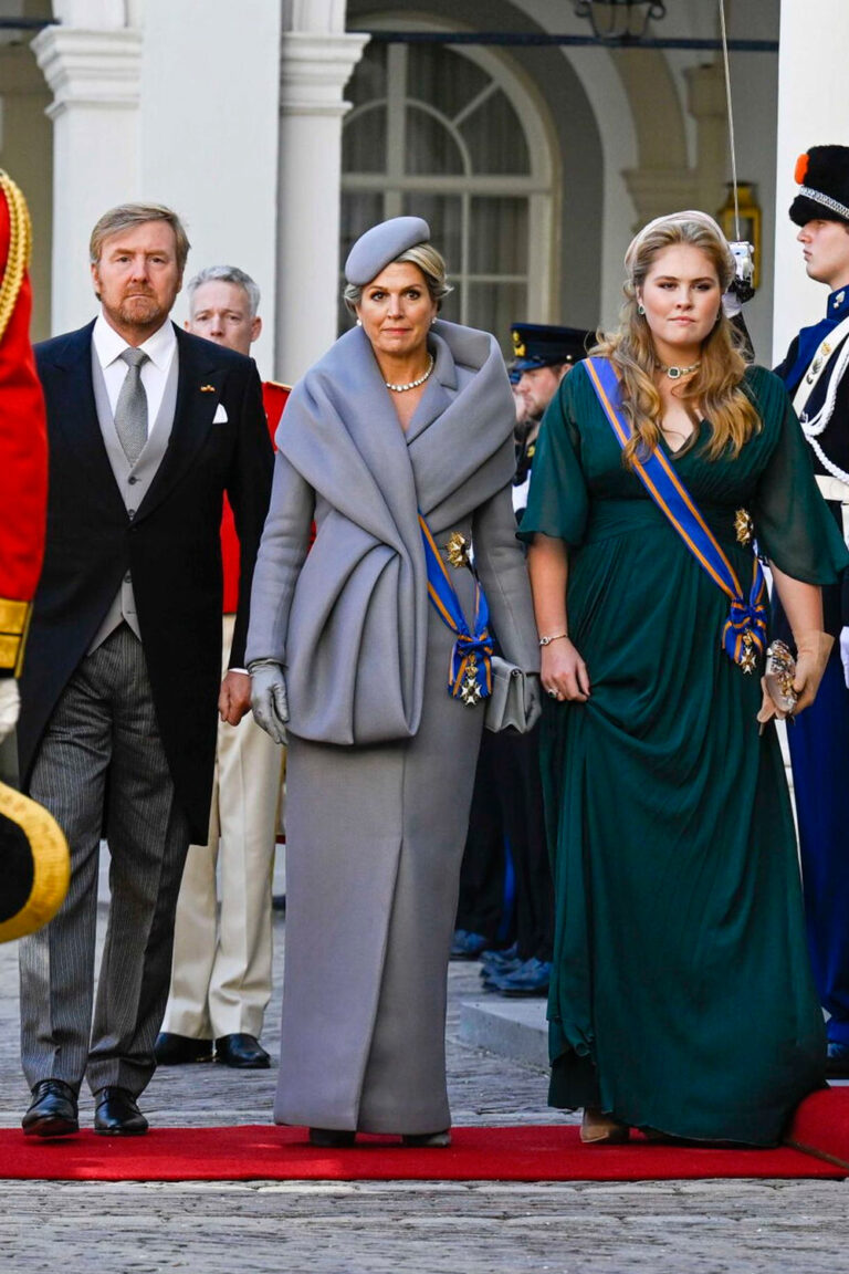 Queen Maxima in a gray dress by Mohamed Benchellal