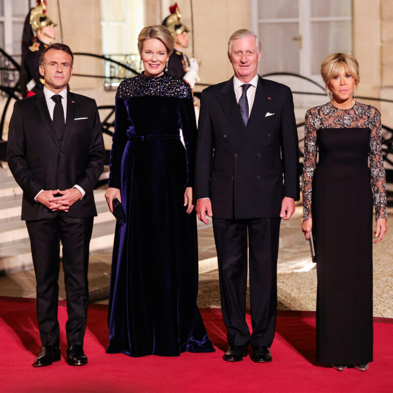 Queen Mathilde in Navy Velvet Dress at Elysee Palace