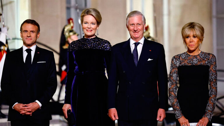 Queen Mathilde in Navy Velvet Dress at Elysee Palace