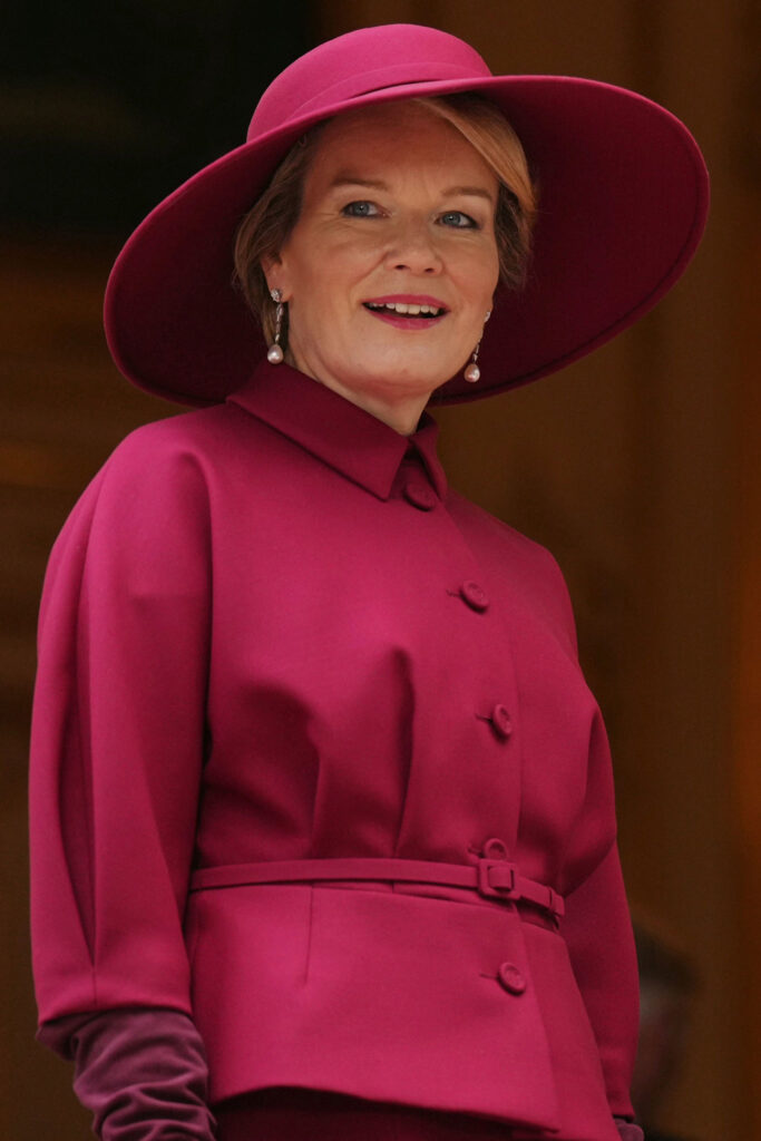Queen Mathilde in Burgundy Dior Outfit During Paris Visit