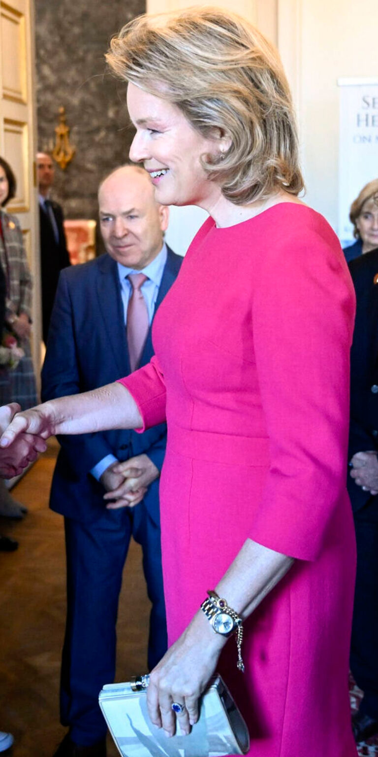 Queen Mathilde in pink dress by Bernard Depoorter