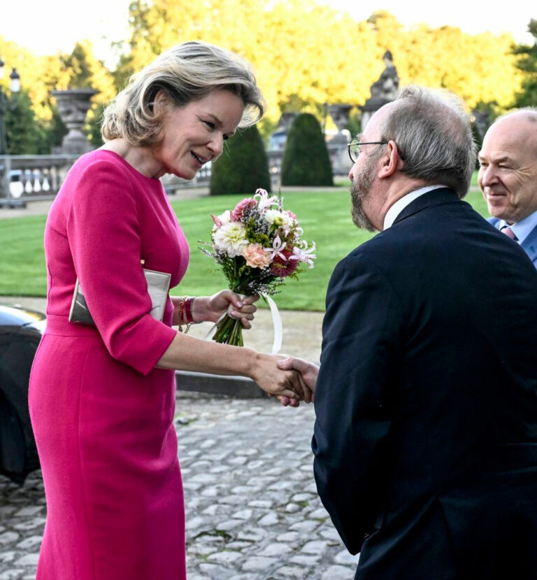 Queen Mathilde in pink dress by Bernard Depoorter