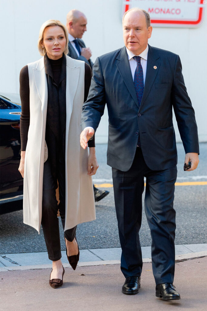 Princess Charlene in an Akris ensemble at a Red Cross event