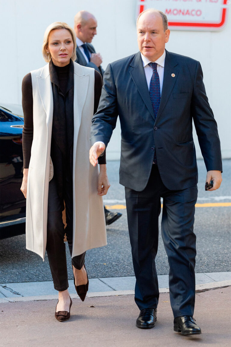 Princess Charlene in an Akris ensemble at a Red Cross event