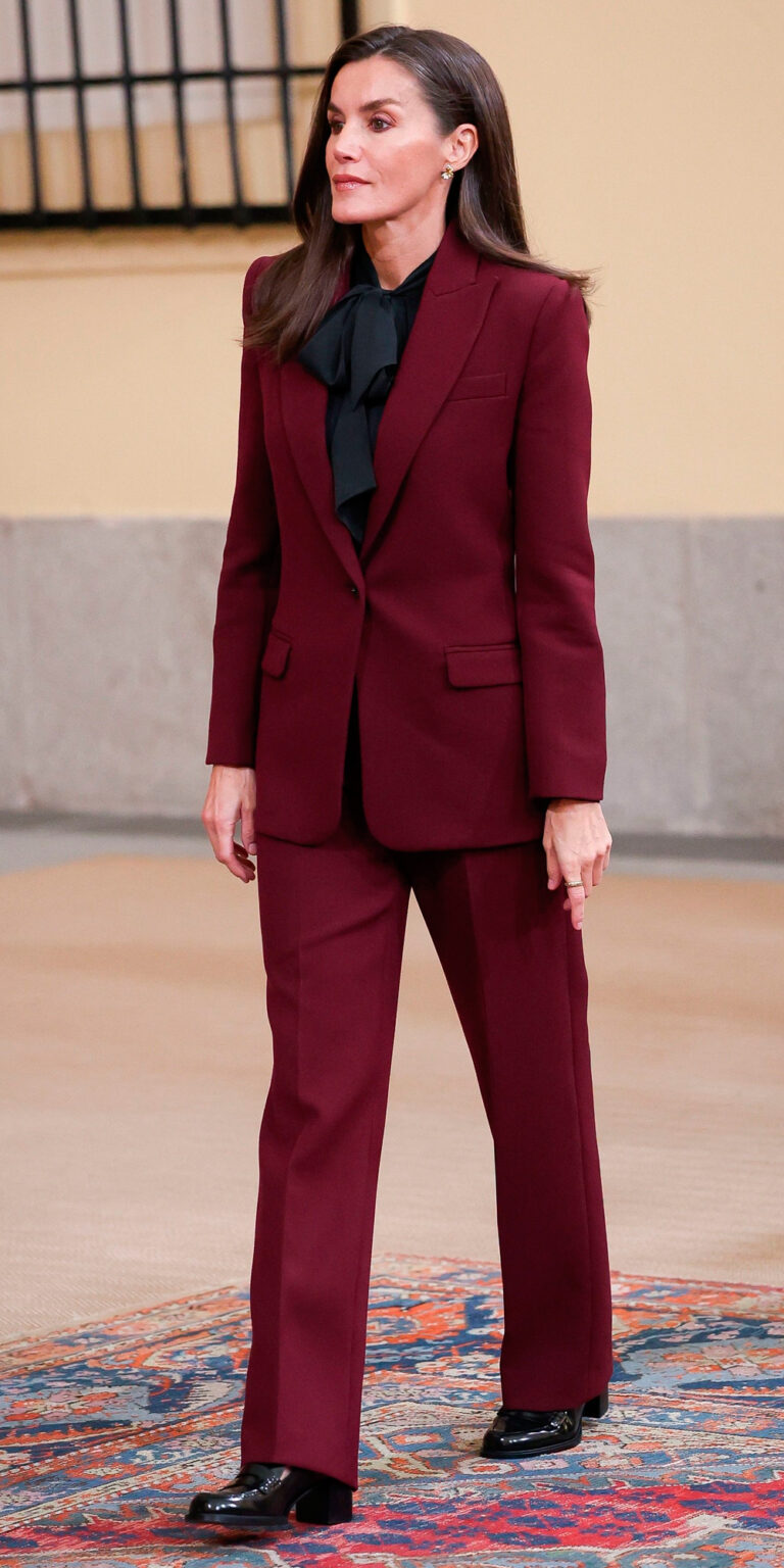 Queen Letizia in a Burgundy Suit at the Palace of El Pardo