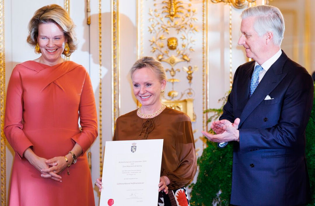 Queen Mathilde in Orange Dress by Natan at Royal Reception