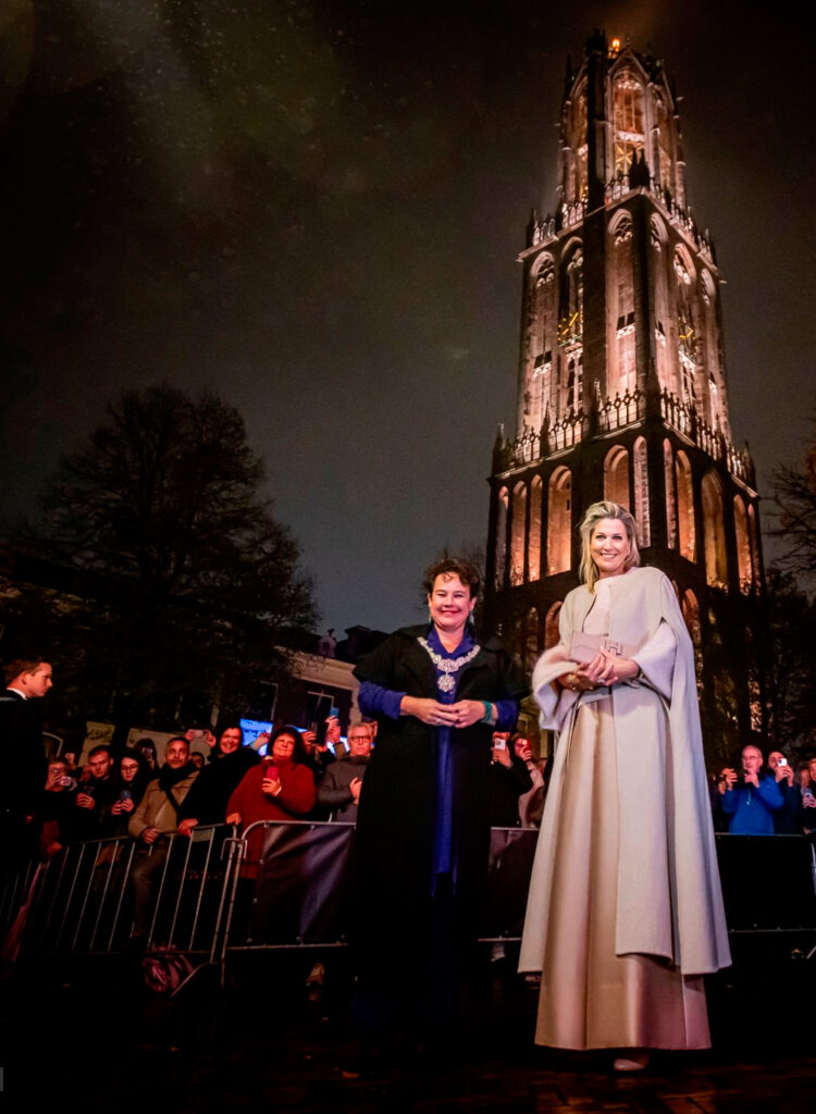 Queen Maxima in a Silk Ensemble by Natan at the Dom Tower