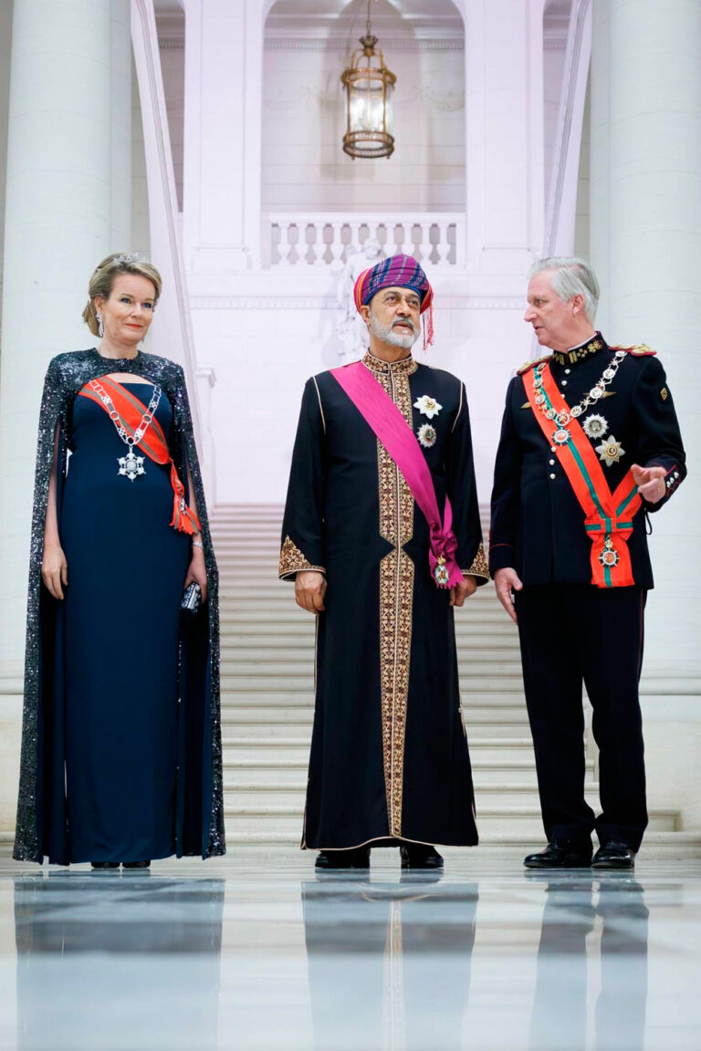 Queen Mathilde in Blue Cape Gown and Wolfers Tiara
