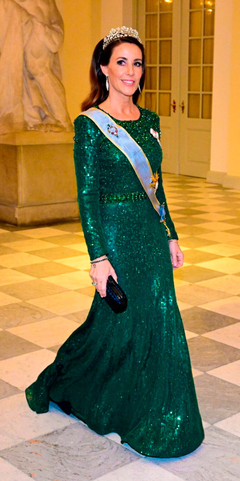 Princess Marie in green sequin dress by Jenny Packham