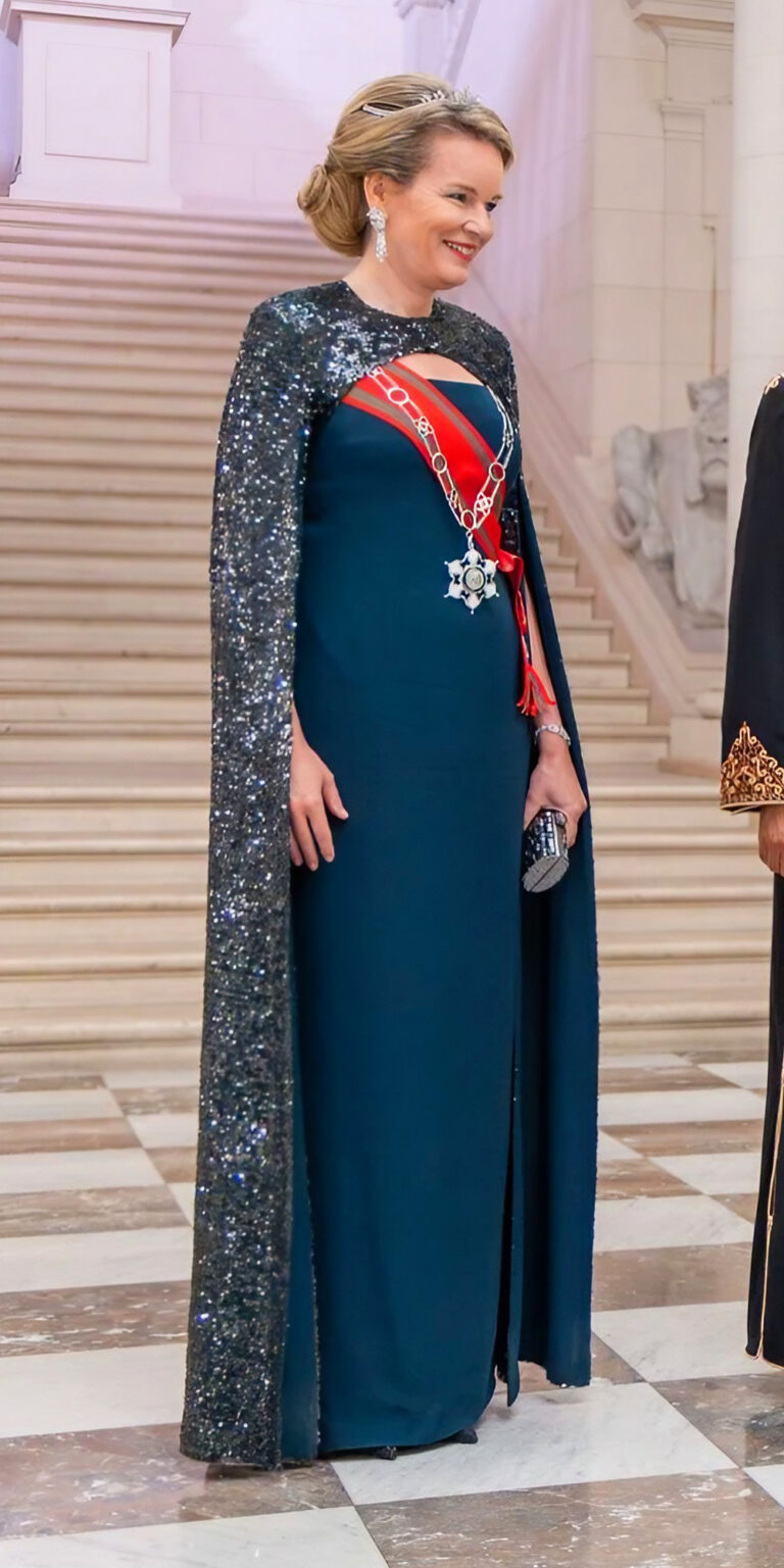 Queen Mathilde in Blue Cape Gown and Wolfers Tiara