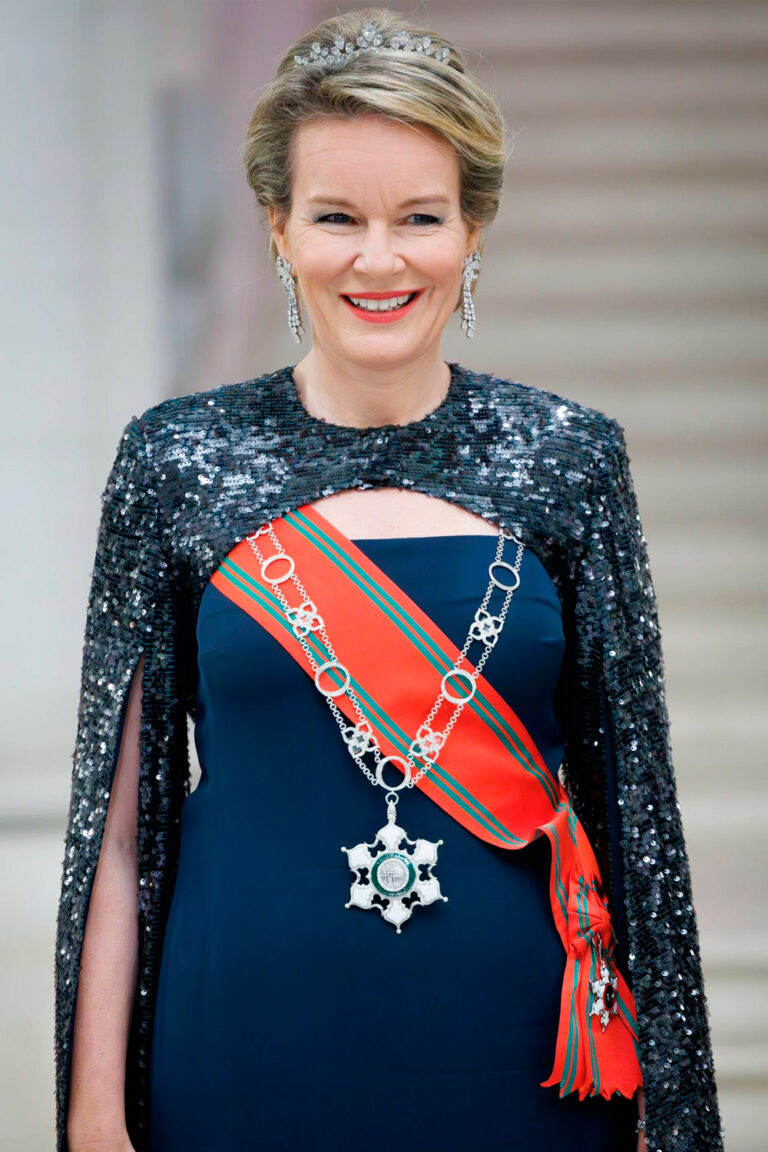 Queen Mathilde in Blue Cape Gown and Wolfers Tiara
