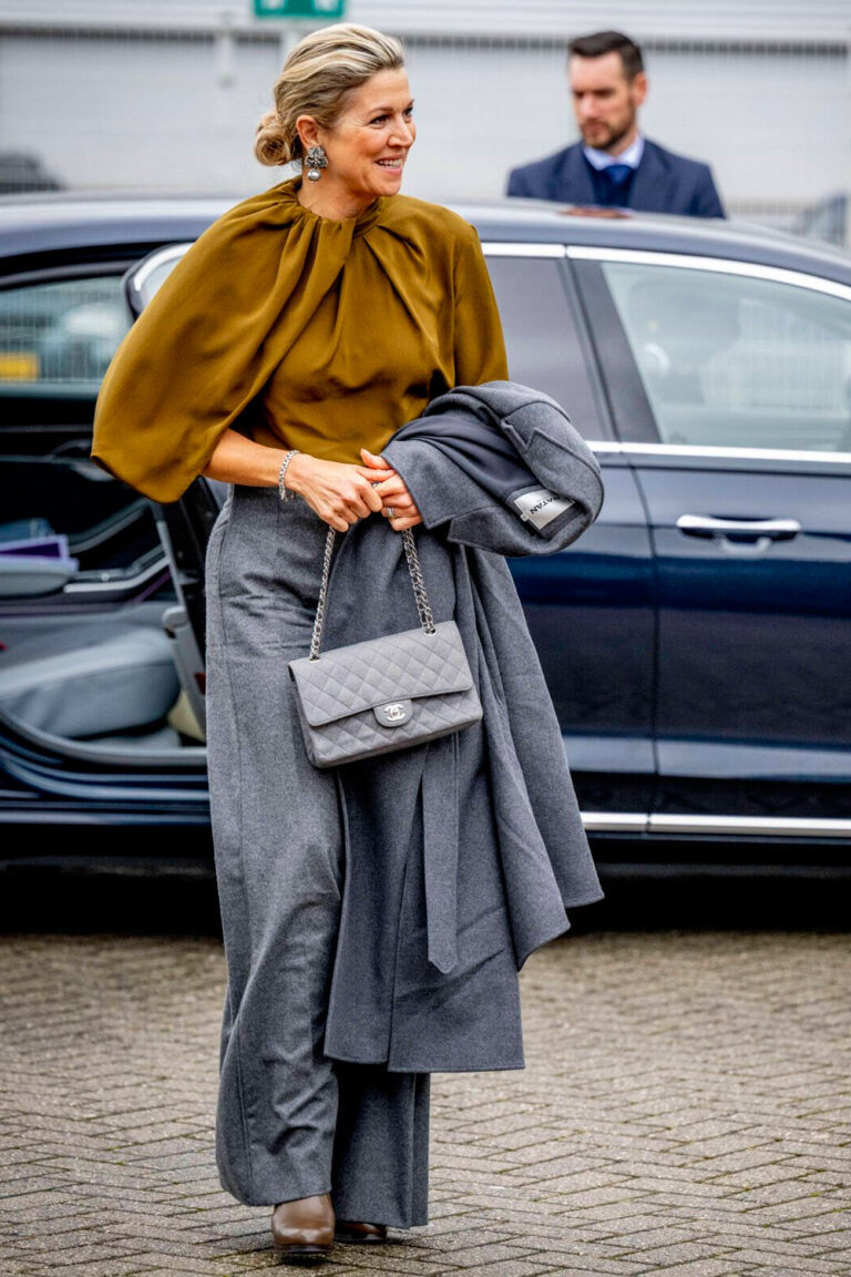 Queen Maxima's Style in Houten: Gray Coat and Mustard Blouse
