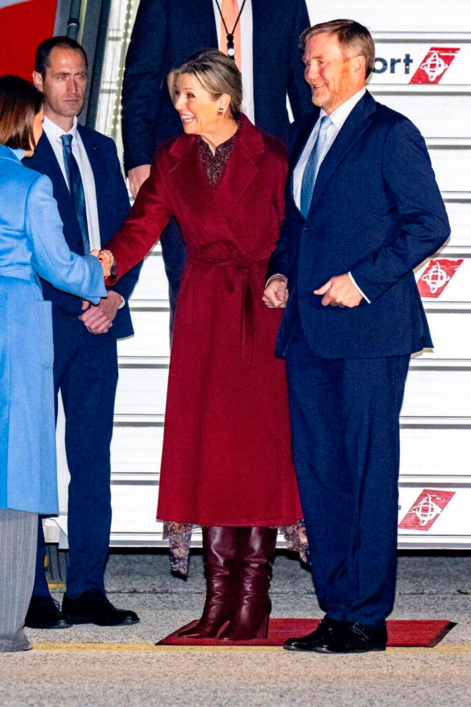 Queen Maxima in Velvet Blue Dress by Costarellos in Cyprus