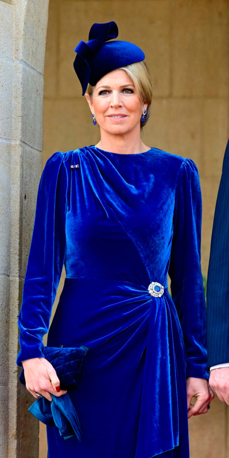 Queen Maxima in Velvet Blue Dress by Costarellos in Cyprus