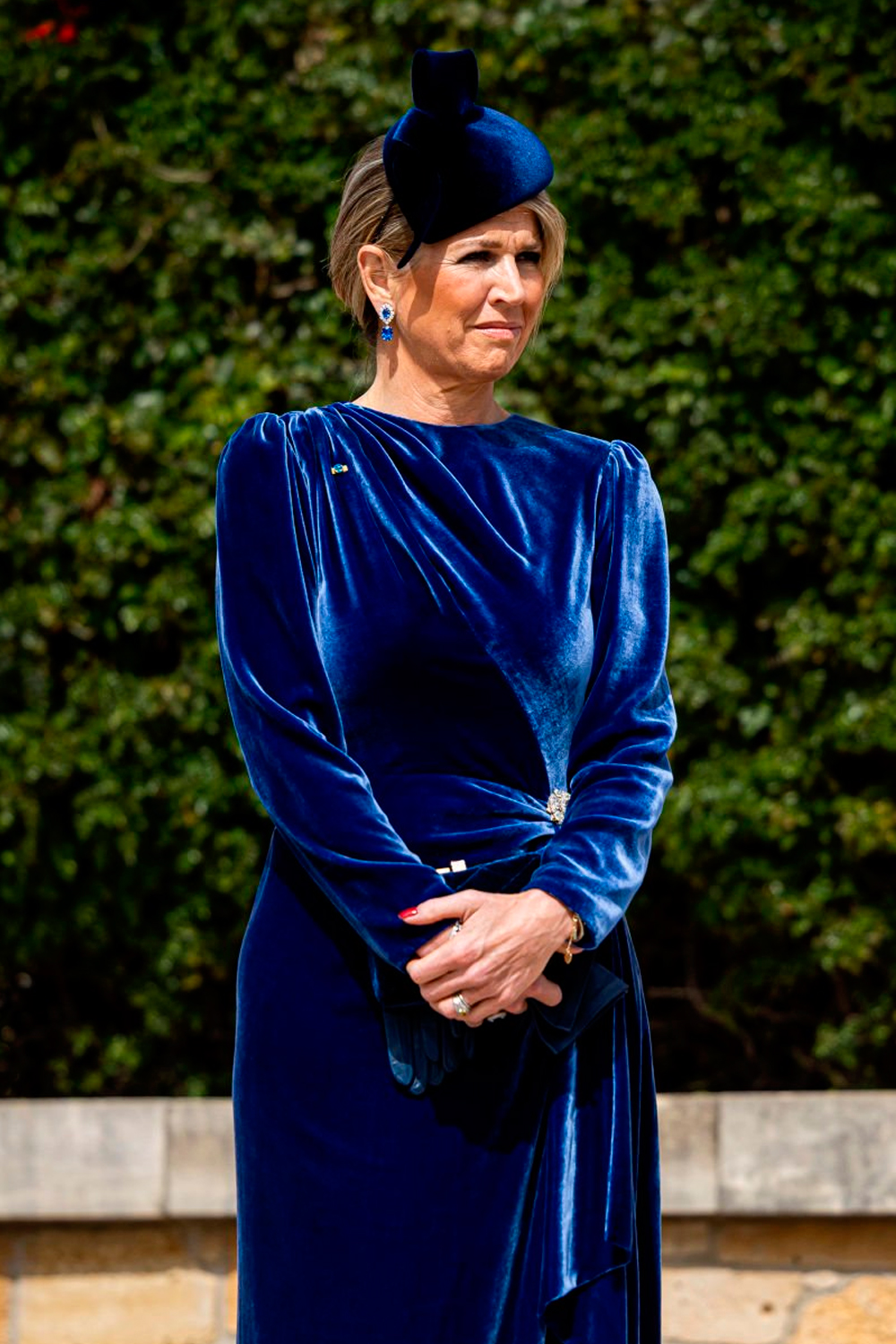 Queen Maxima in Velvet Blue Dress by Costarellos in Cyprus