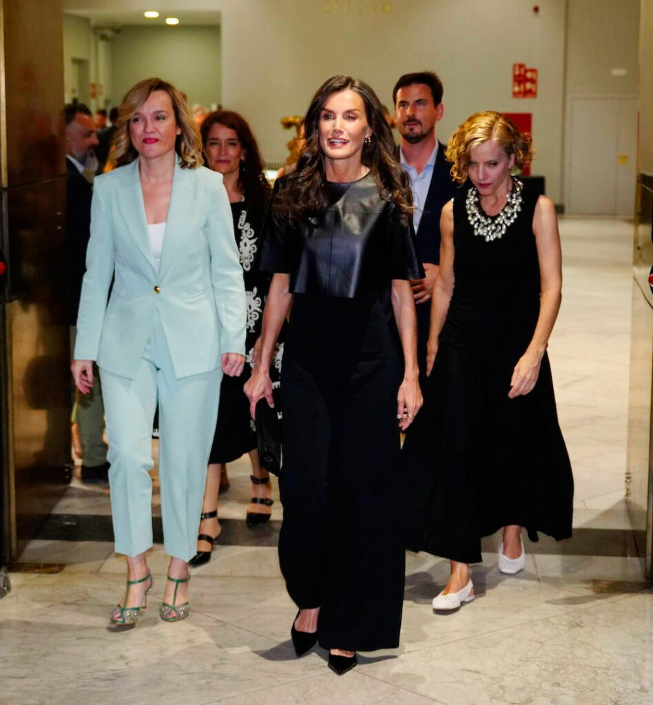 Queen Letizia Wears Leather Crop Top and Palazzo Pants